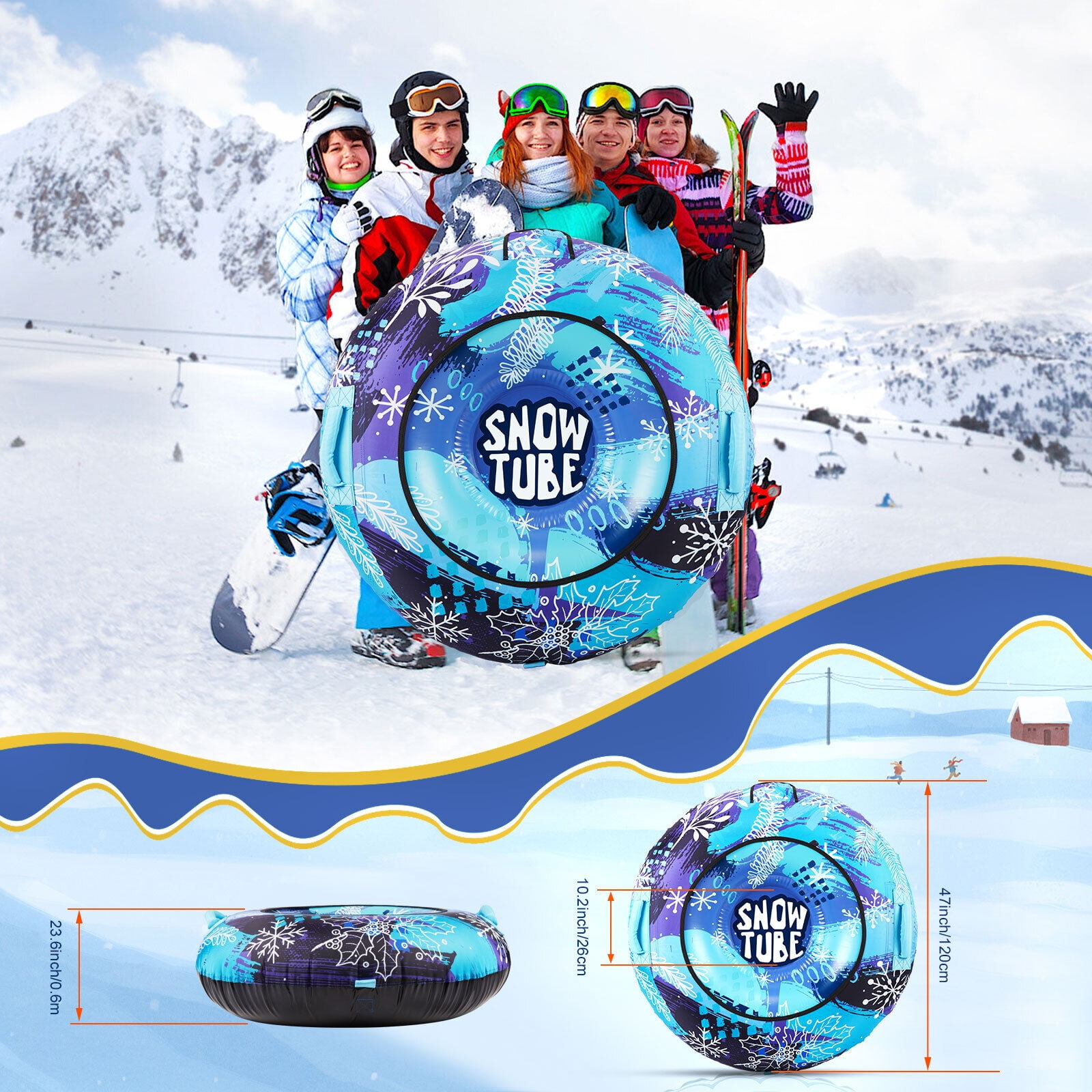 47 Inch Inflatable Snow Tube Sledding for Kids and Adults Heavy Duty ...