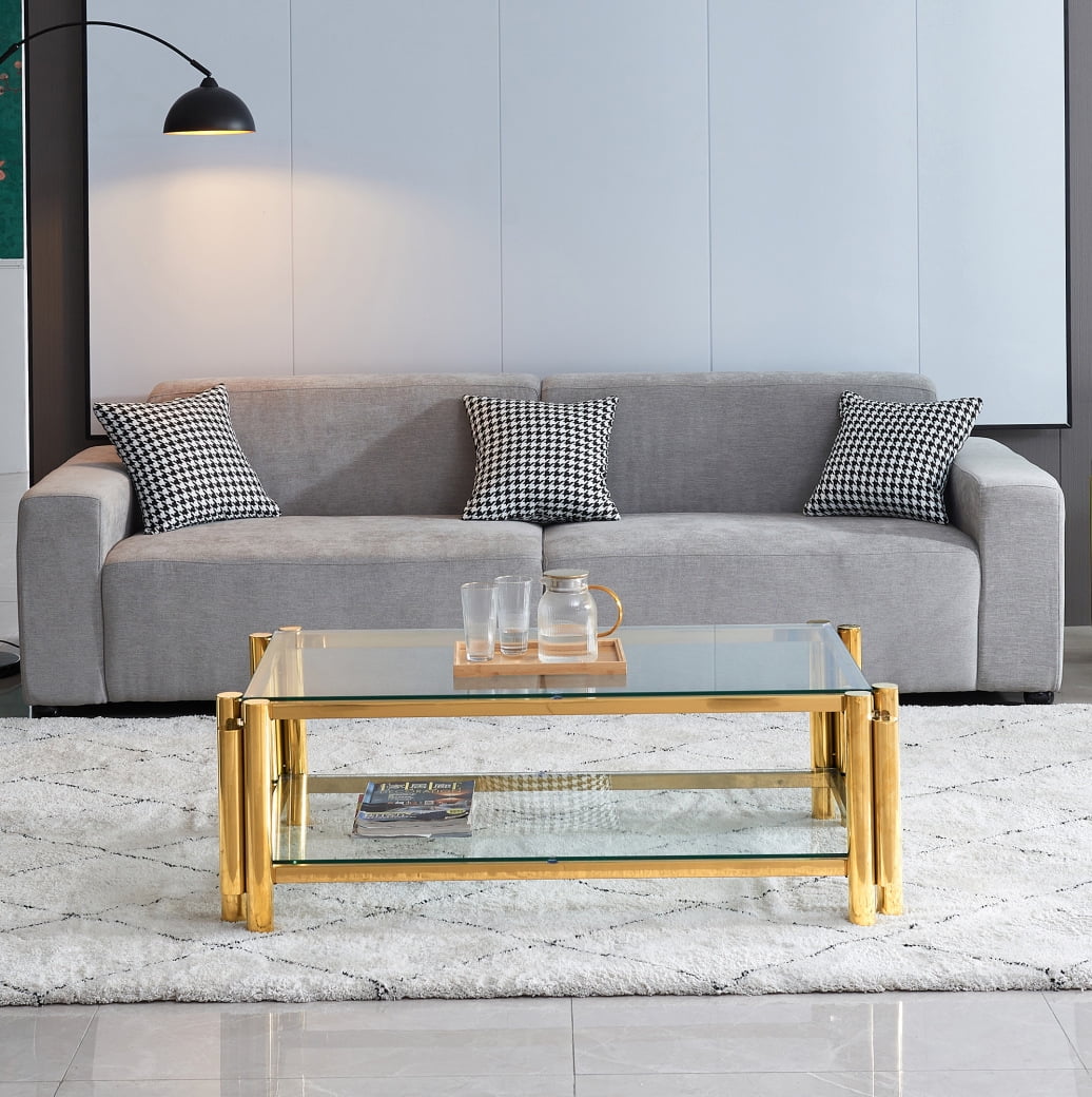 47 Inch Modern Double Layer Glass Coffee Table with Gold Stainless ...