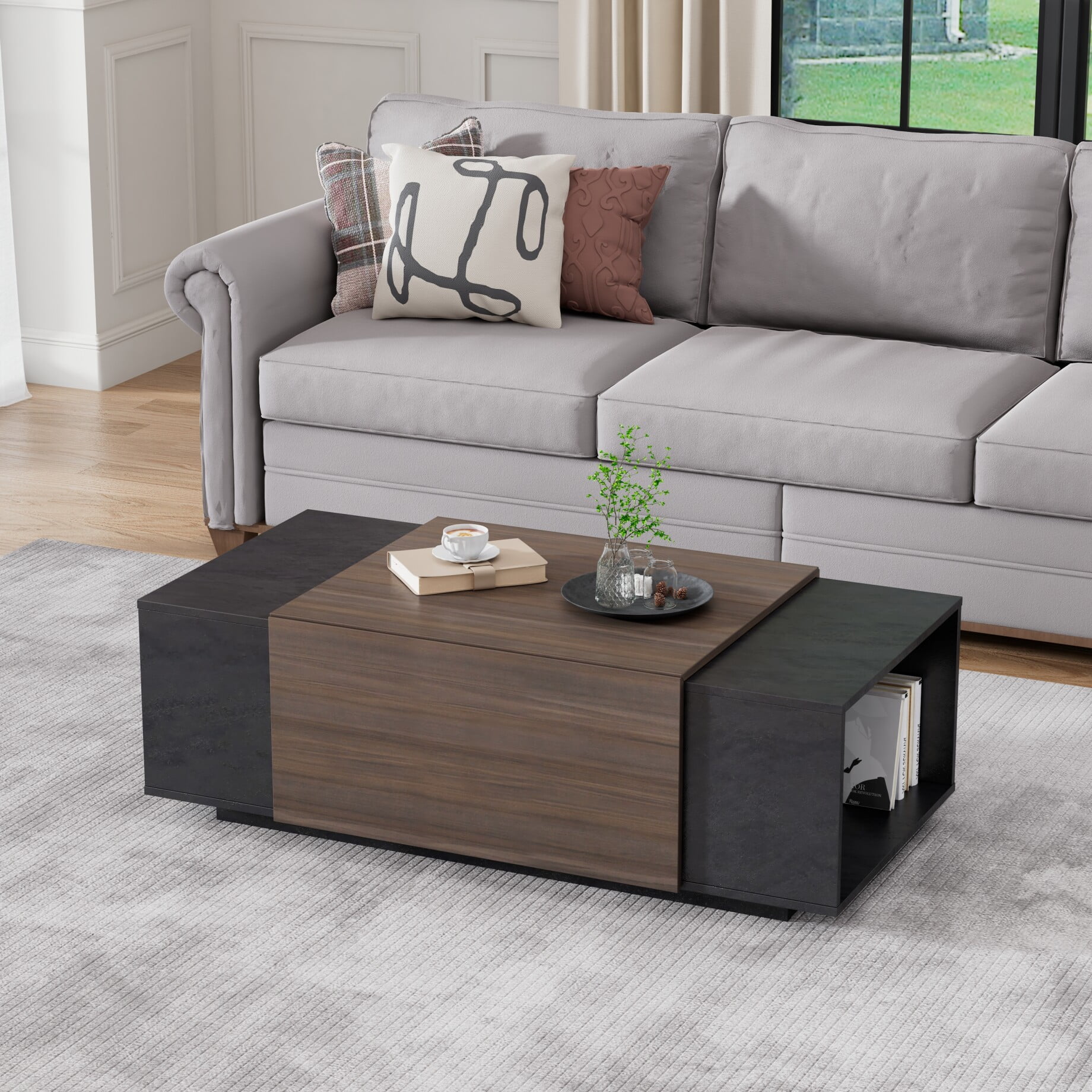 47 Inch Modern Farmhouse Drawer Coffee Table, Wood Coffee Table with ...