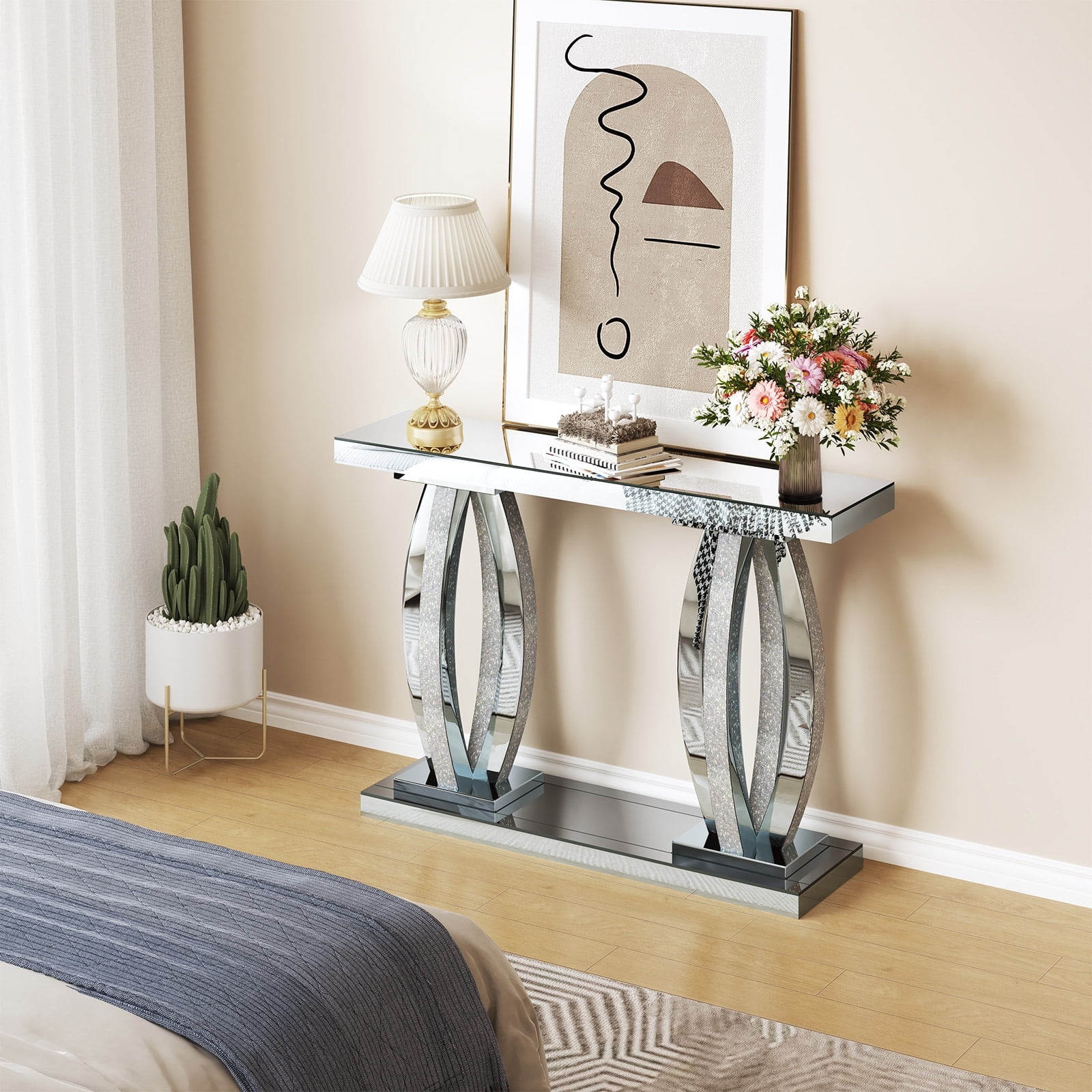 47-Inch Modern Mirrored Console Table with Crushed Diamond Finish for ...