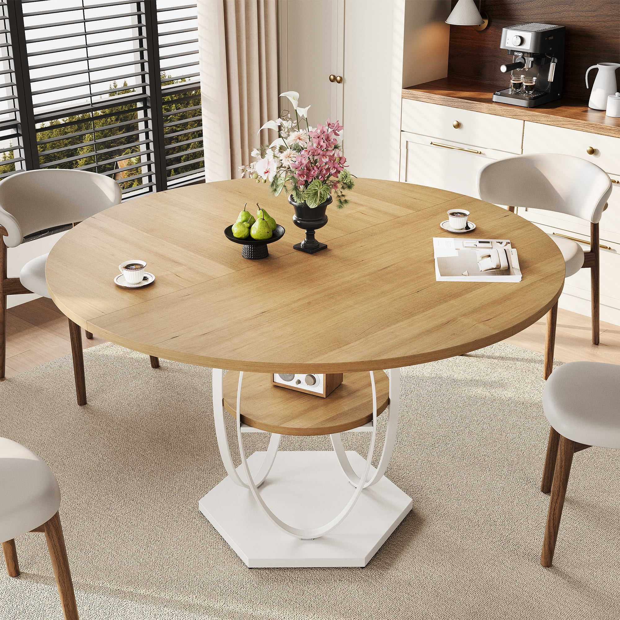 VNT 47" Round Dining Table with Storage Shelf, Circle Dinner Table for ...