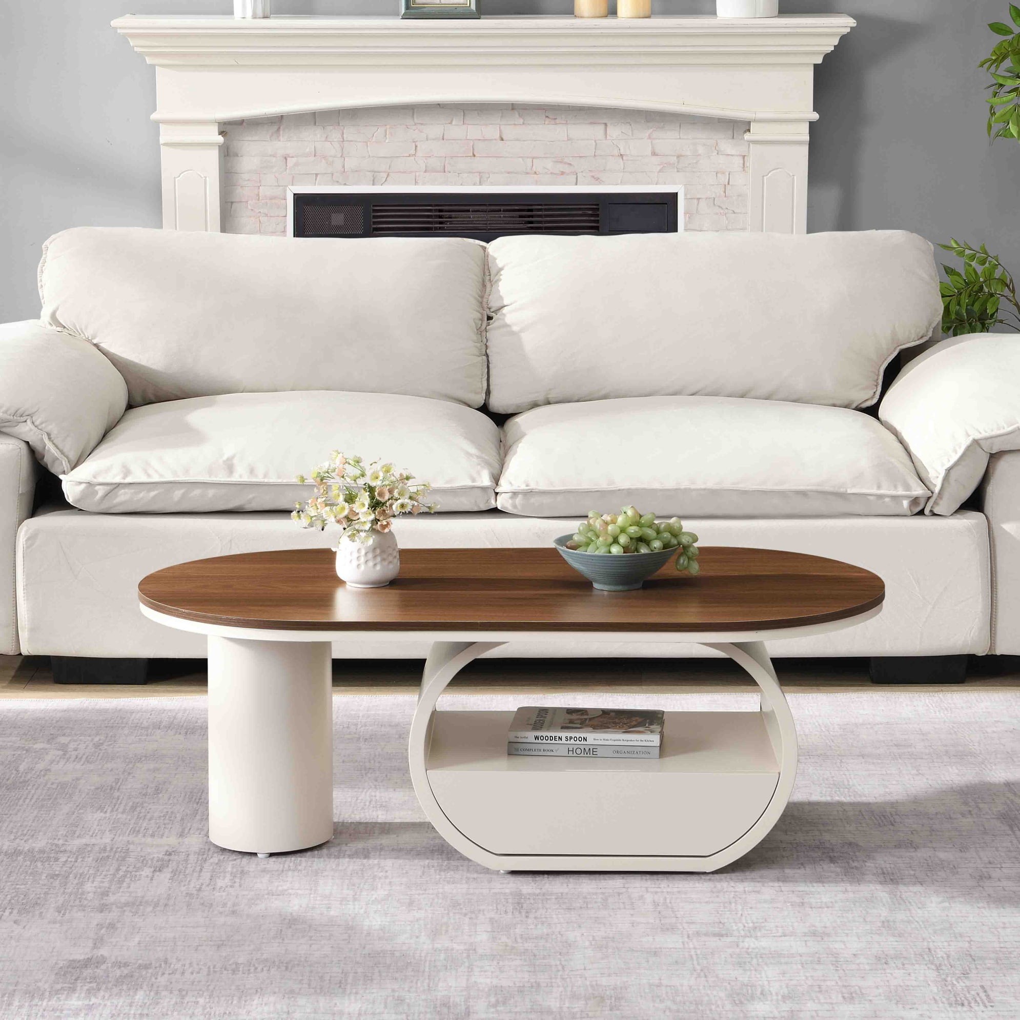 47-Inch Oval Coffee Table with Storage Drawer & Shelf, Modern Curved ...