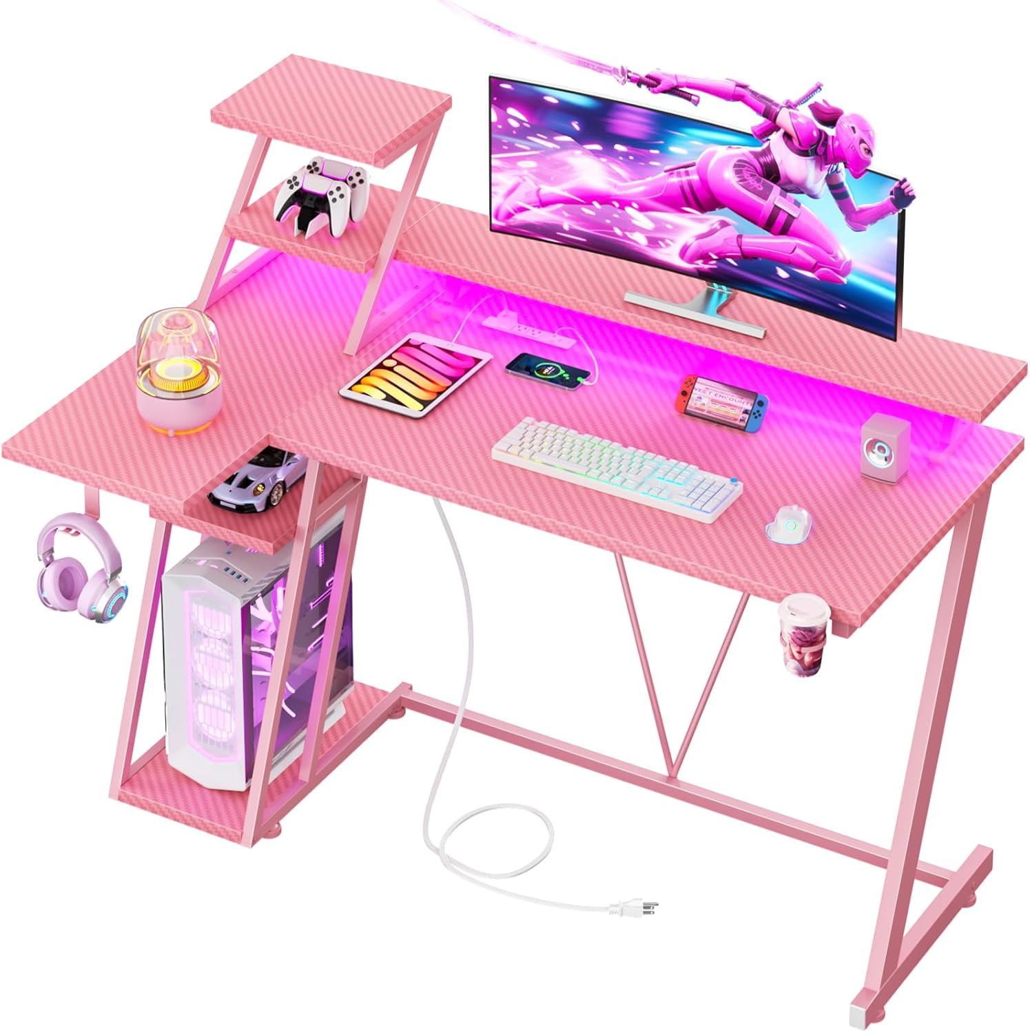 47 Inch Pink Gaming Desk with LED Lights & Power Outlet, Gaming ...
