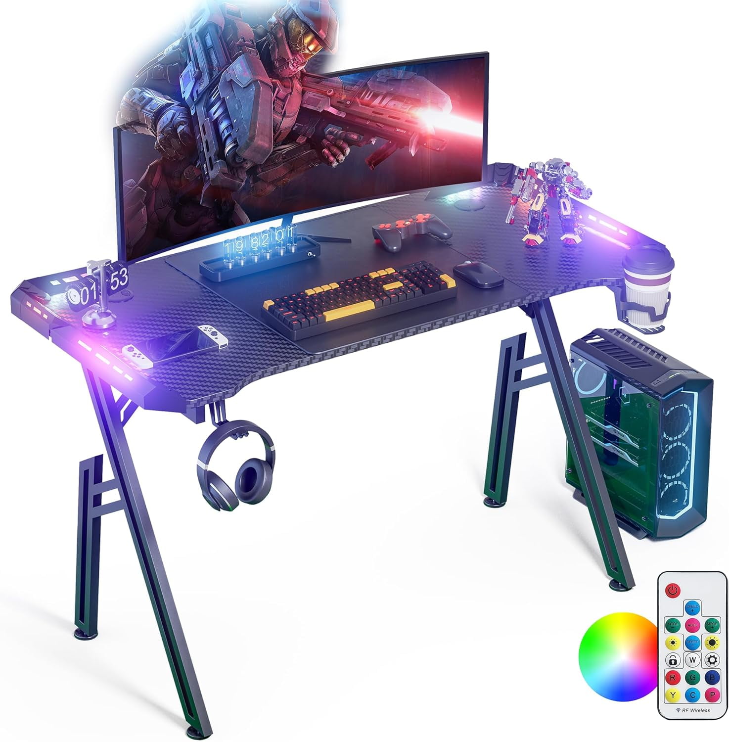 47 Inch RGB Gaming Desk - Ergonomic Carbon Fiber PC Gaming Table Large ...