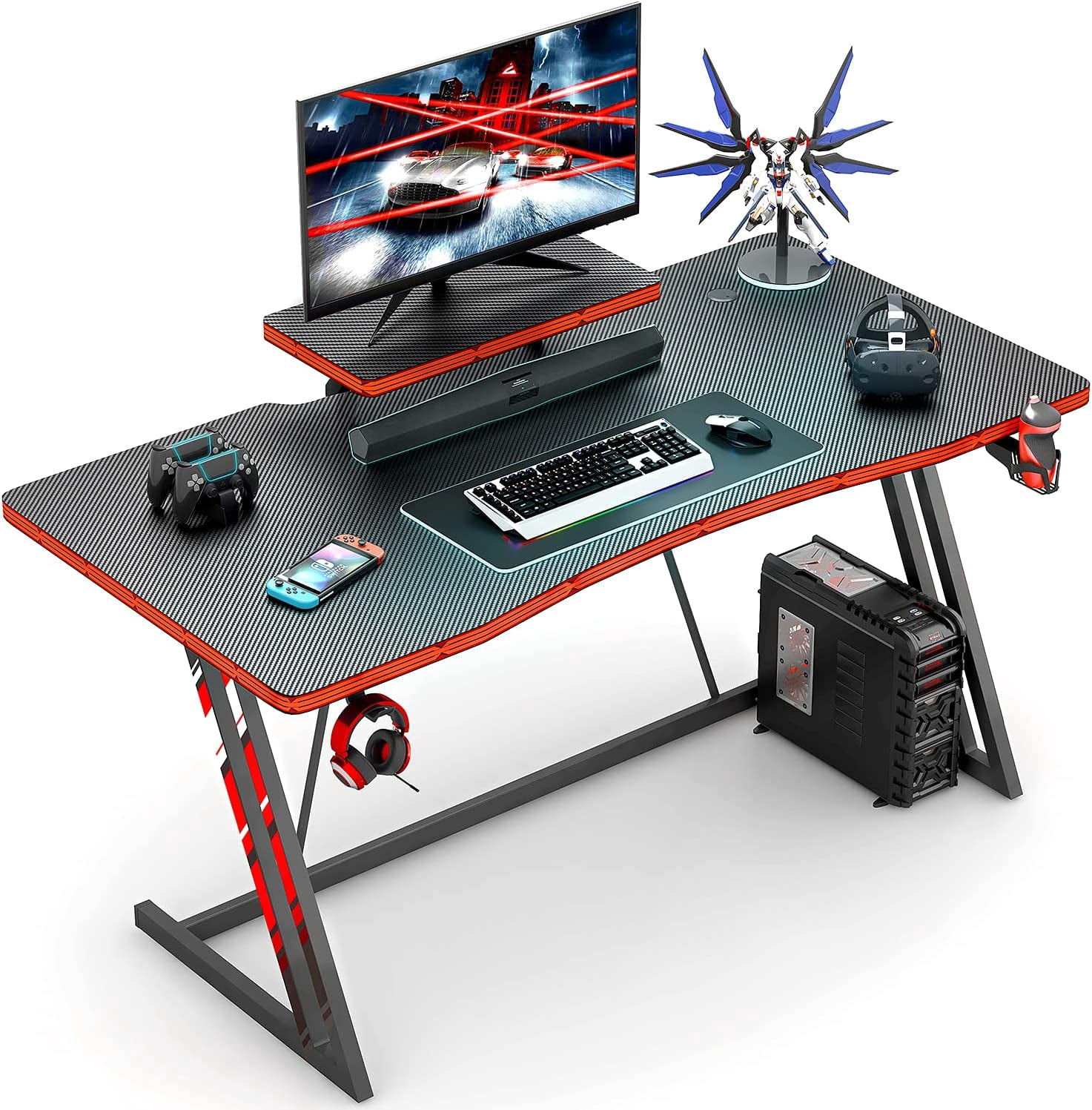 47 Inch Racing Style Gaming Desk, Z-Shaped Carbon Fiber Computer Table ...