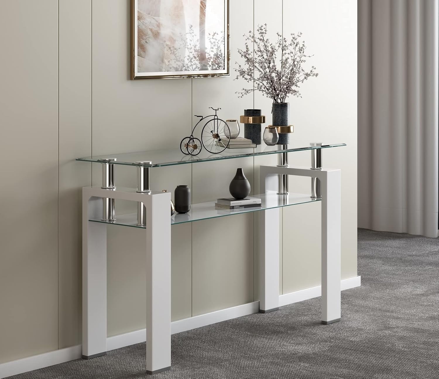 47 Inch Rectangle Console Table,Tempered Glass Sofa Table Modern ...