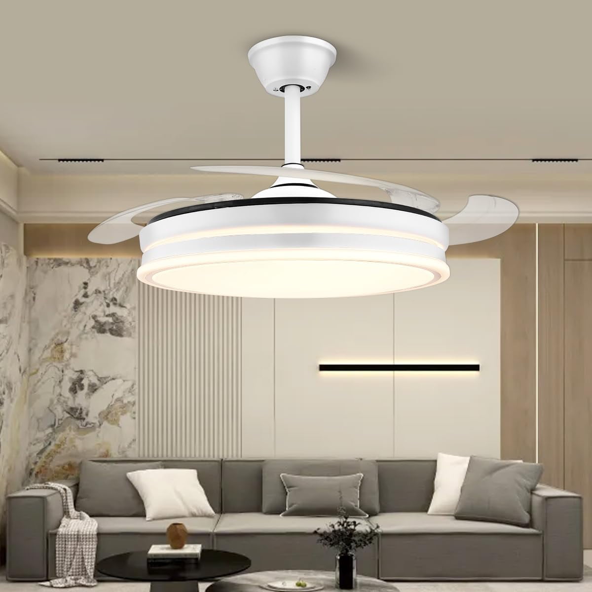 47 Inch Retractable Ceiling Fans with Lights,Modern Bladeless LED ...