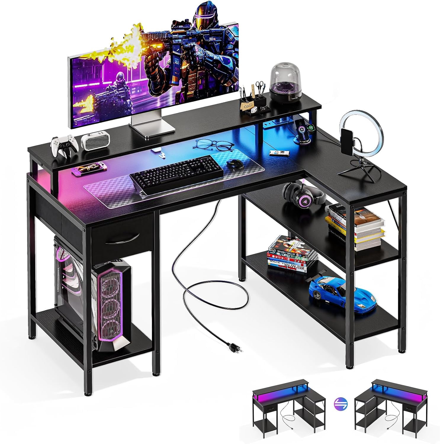 47 Inch Reversible L-Shaped Gaming Desk with USB Charging Ports, LED ...