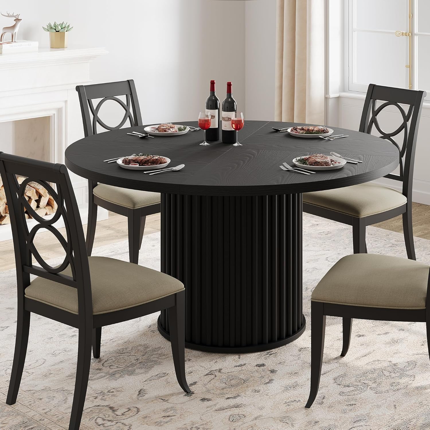 47 Inch Round Dining Table for 4-6 People, Black Dining Room Table with ...