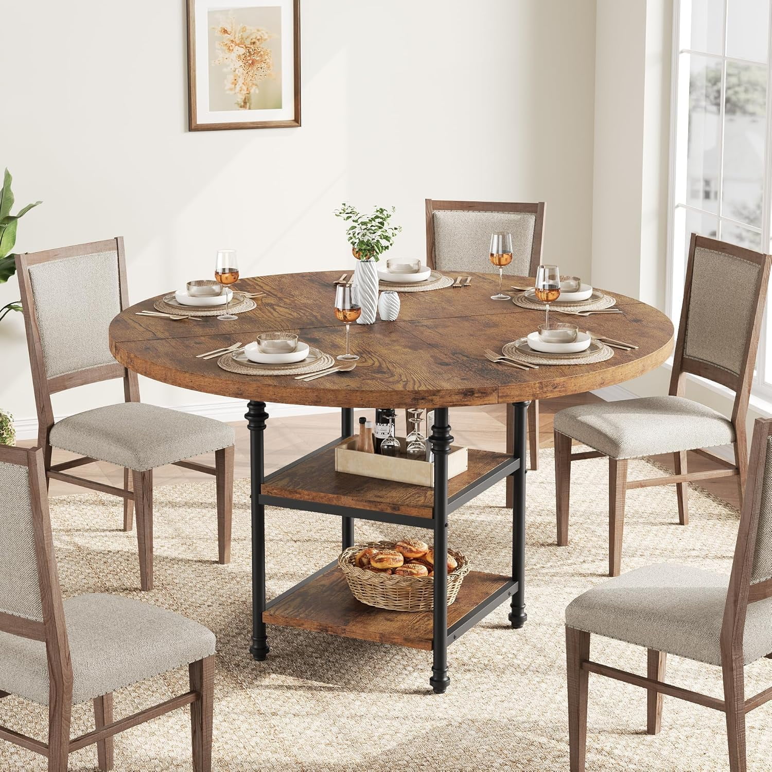 47 Inch Round Dining Table for 4, Elegant Roman Column Dining Table ...