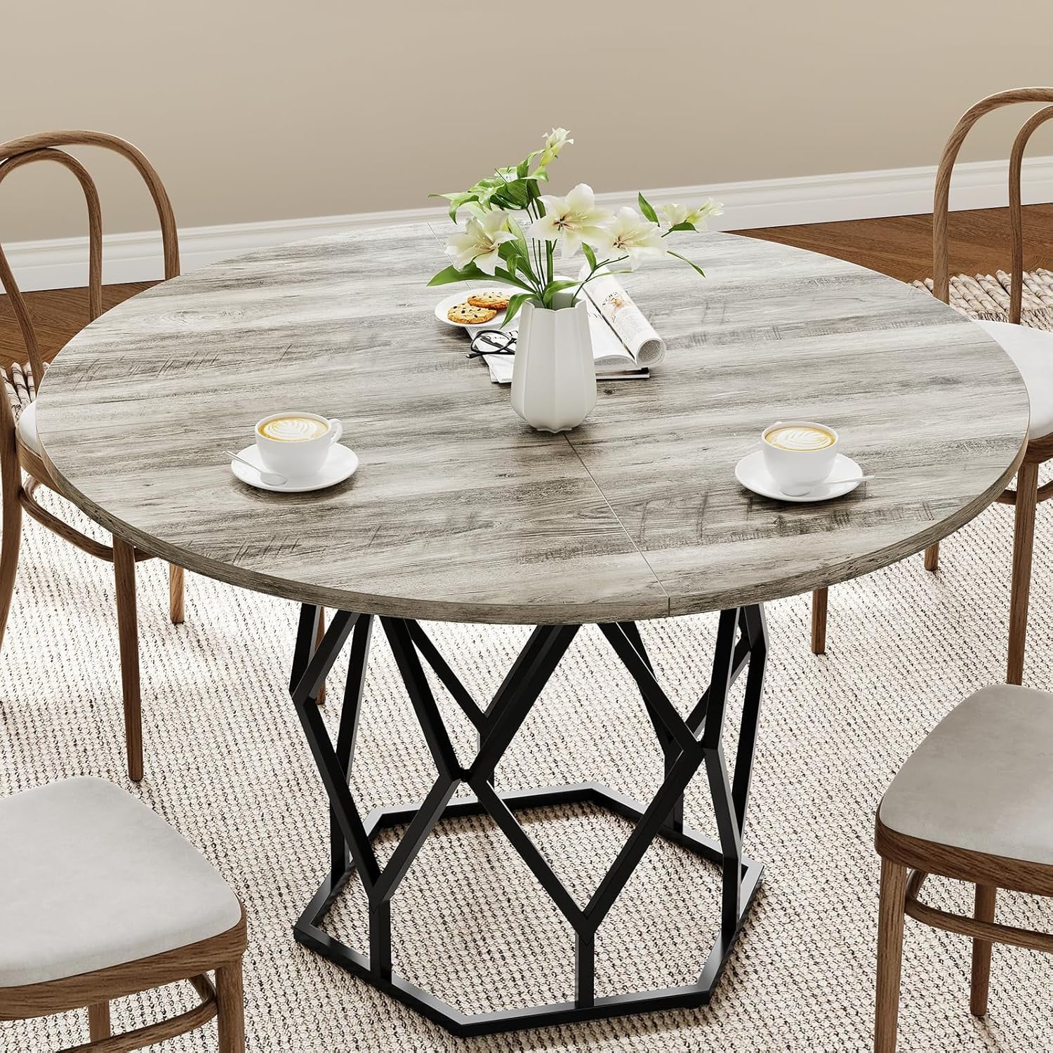 47 Inch Round Dining Table, Farmhouse Diner Table for 4-6 People ...