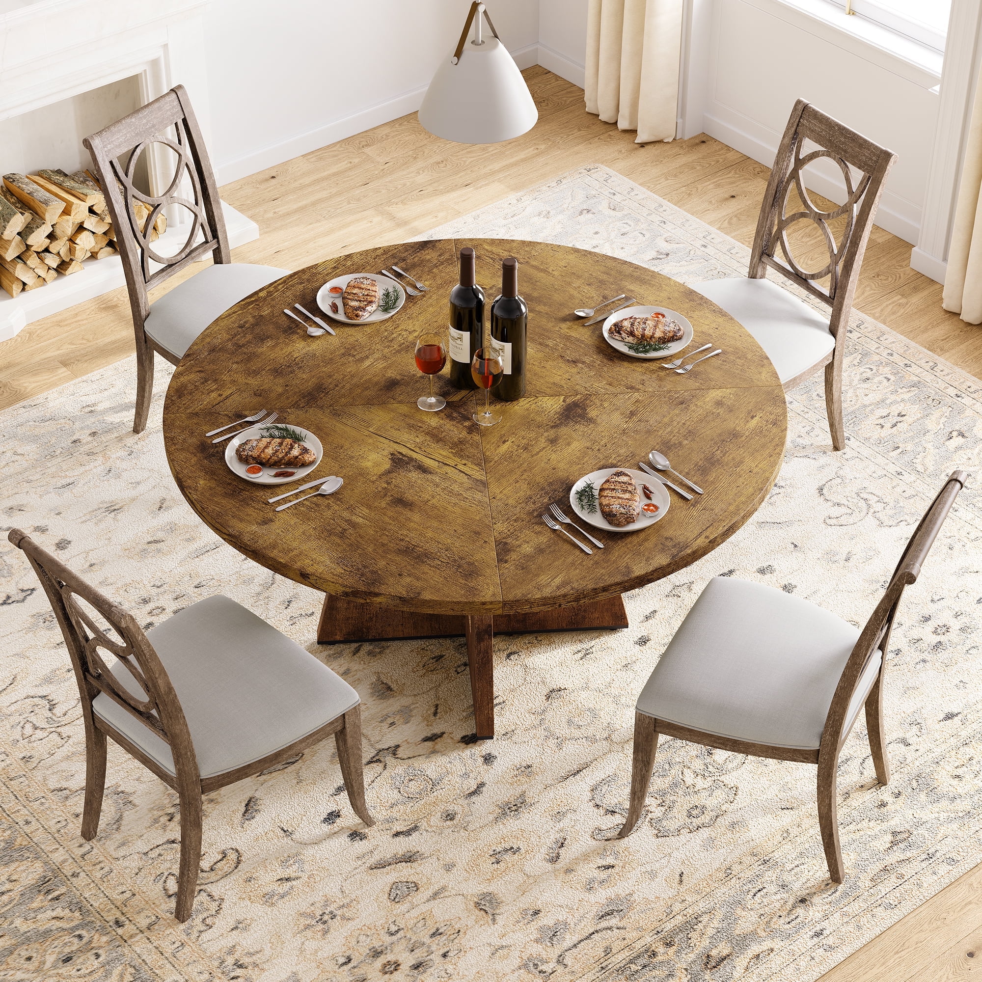 47-Inch Round Dining Table, Farmhouse Wooden Kitchen Table for 4-6, Rustic Dining Room Table ...