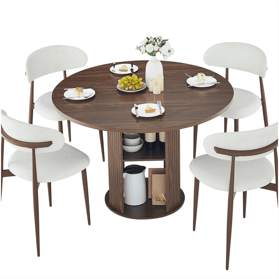 47 Inch Round Dining Table and Chairs Set with Storage, Walnut ...
