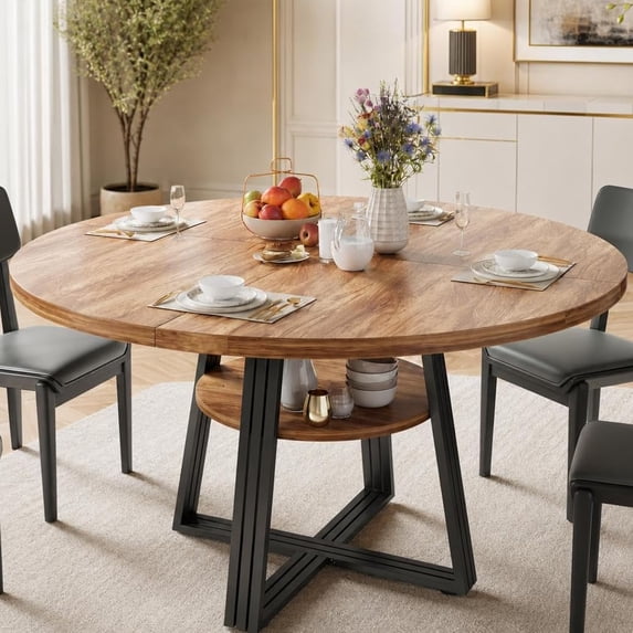 47 Inch Round Dining Table for 4-6, Kitchen Table with Storage Shelf ...