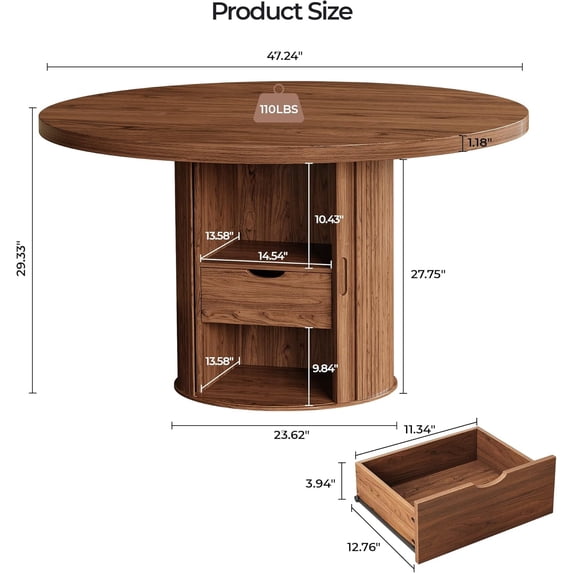 47 Inch Round Dining Table for 4-6 with Storage Shelf Drawer and Fluted ...