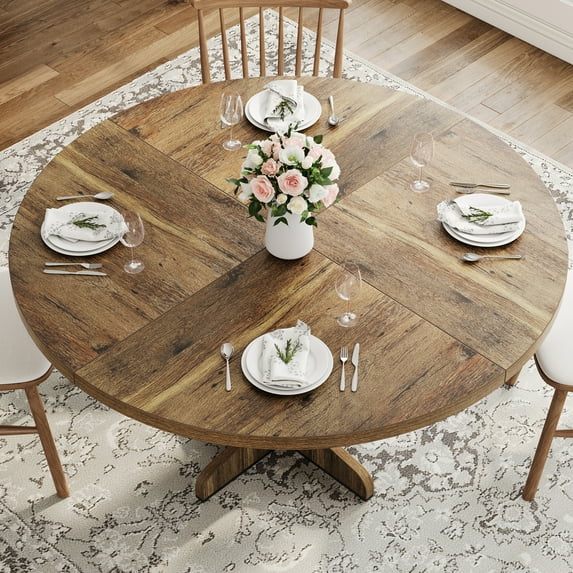 47-Inch Round Dining Table for 4, Circle Kitchen Table with Wood Base ...