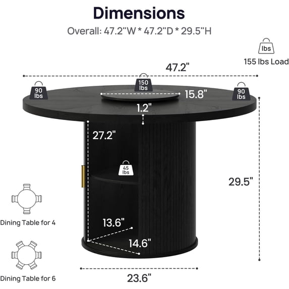 47 Inch Round Dining Table for 6 with Hidden Storage Cabinet and Lazy ...