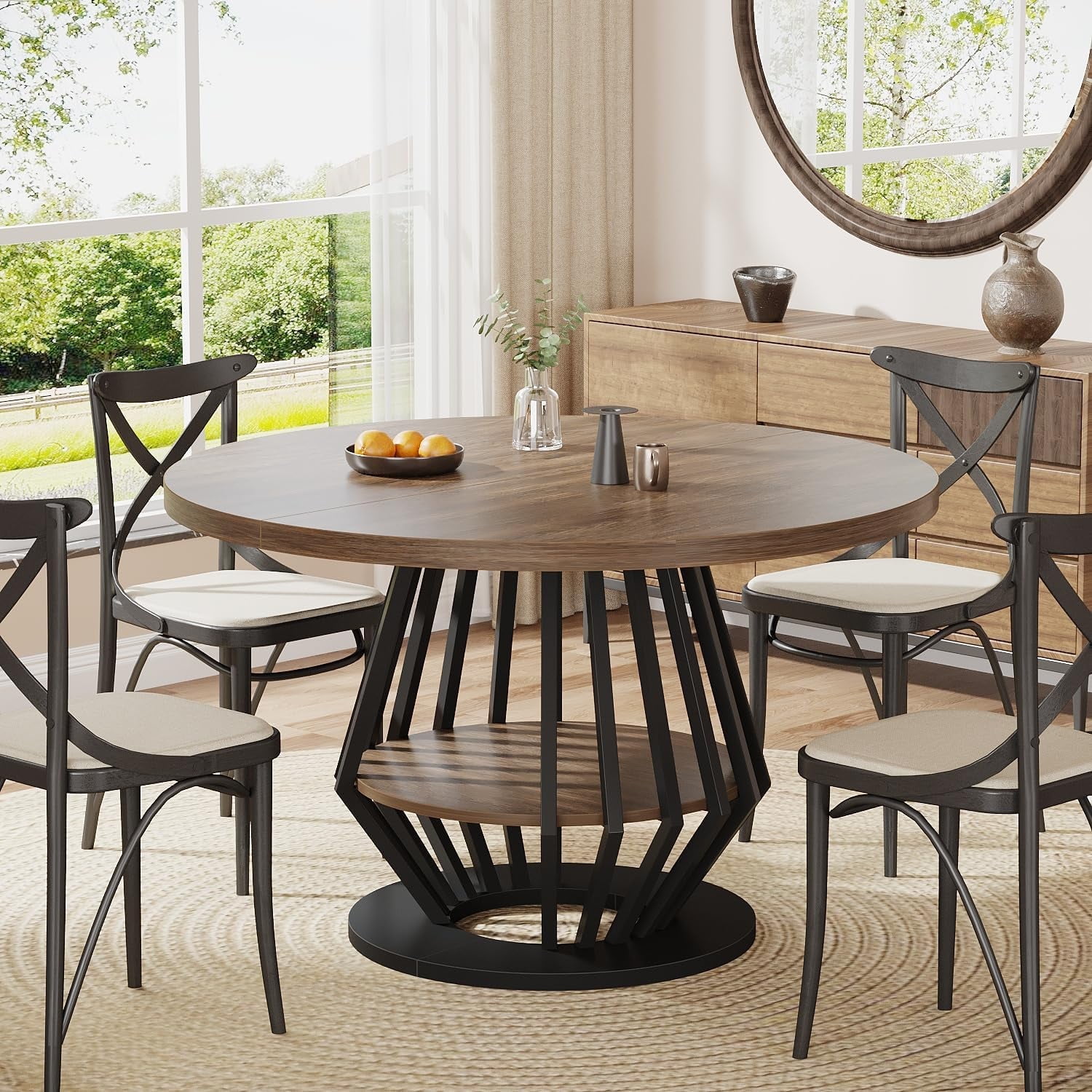 Epecoya47-Inch Round Industrial Dining Table with Storage Shelf for ...