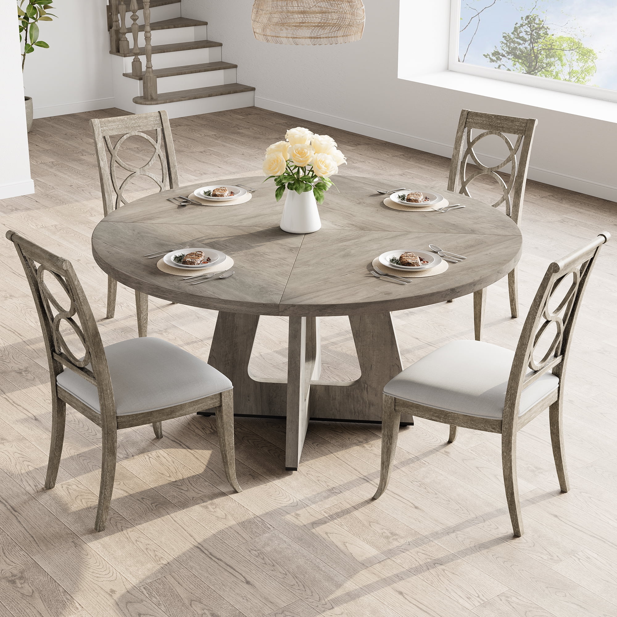 47-Inch Round Large Dining Table, Wooden Kitchen Table Set for 4 to 6 ...
