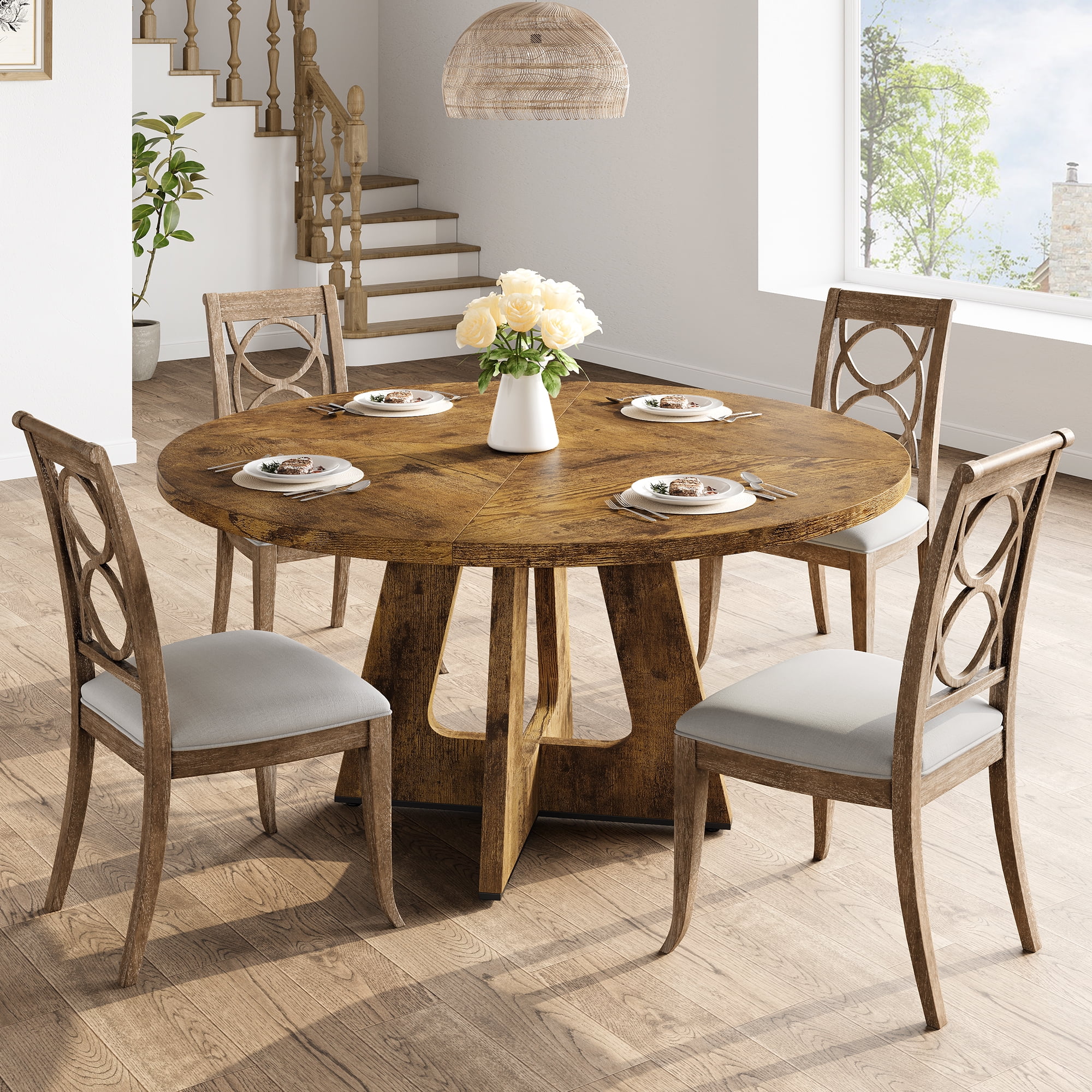 47-Inch Round Large Dining Table, Wooden Kitchen Table Set for 4 to 6 ...