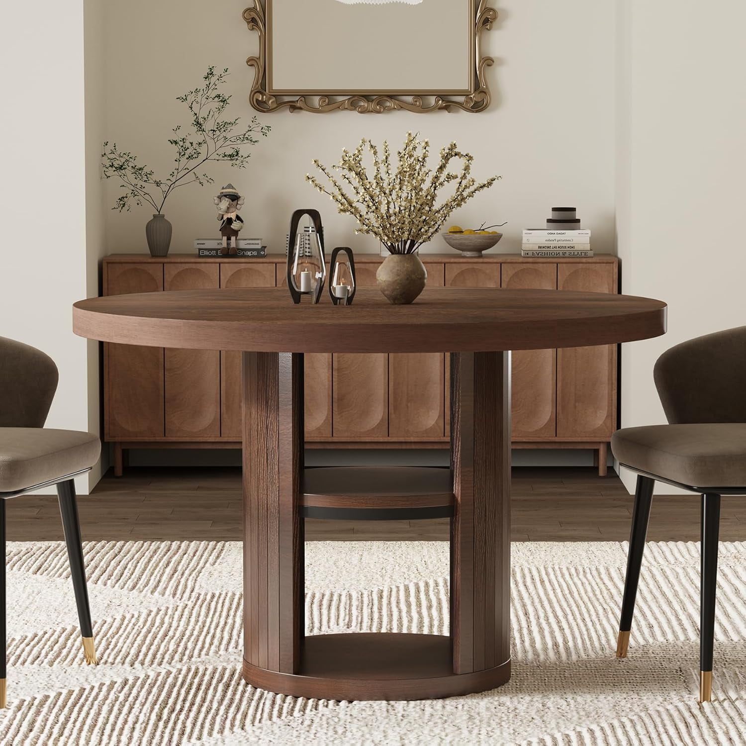 47-Inch Round Wood Dining Table with Open Storage Shelves for Dining ...