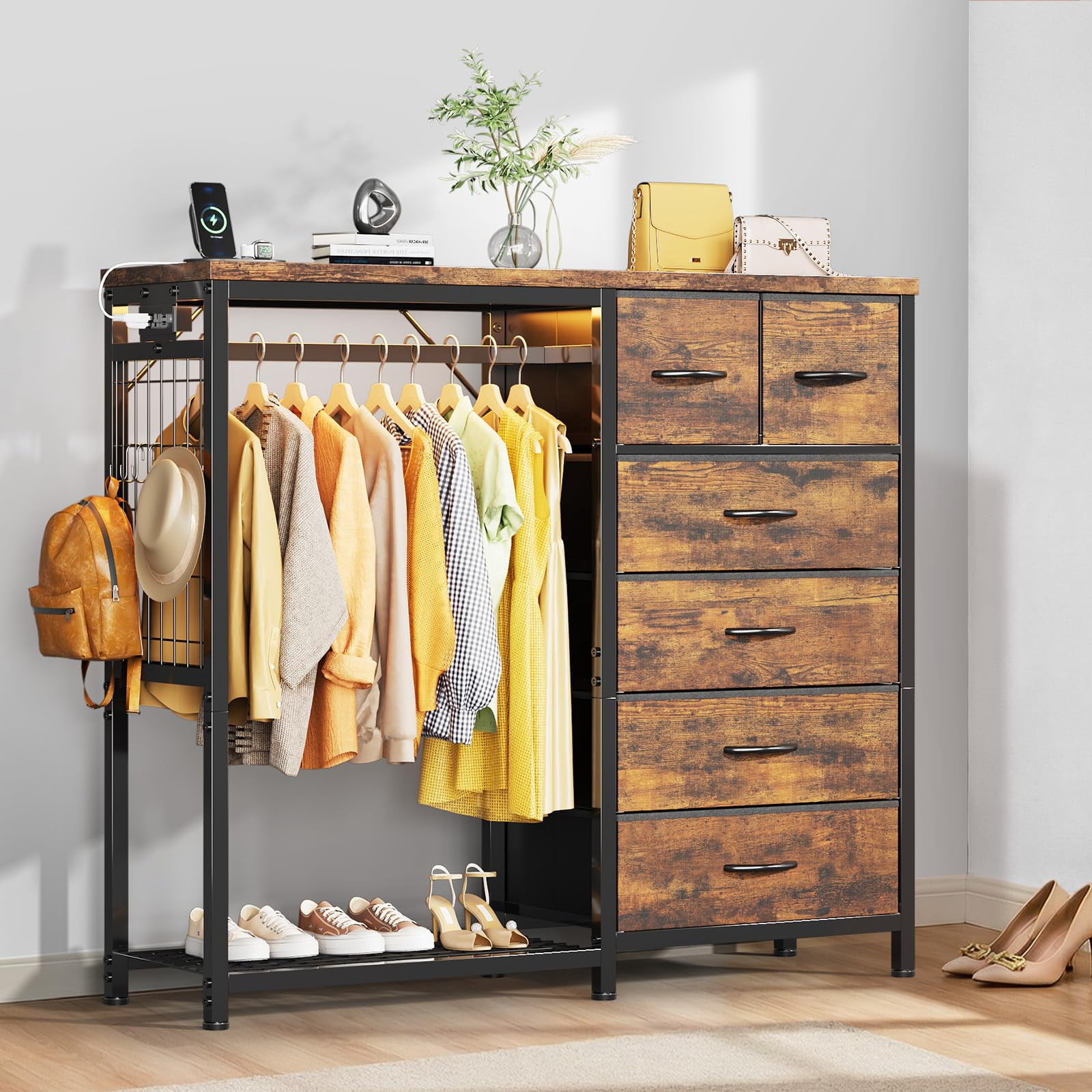 47 Inch Rustic Brown Tall Storage Dresser, 6 Fabric Drawer Wooden Top ...