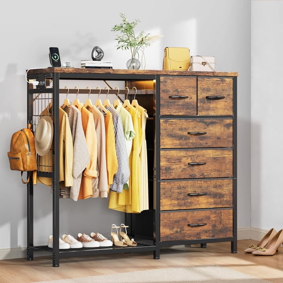 47 Inch Rustic Brown Tall Storage Dresser, 6 Fabric Drawer Wooden Top ...