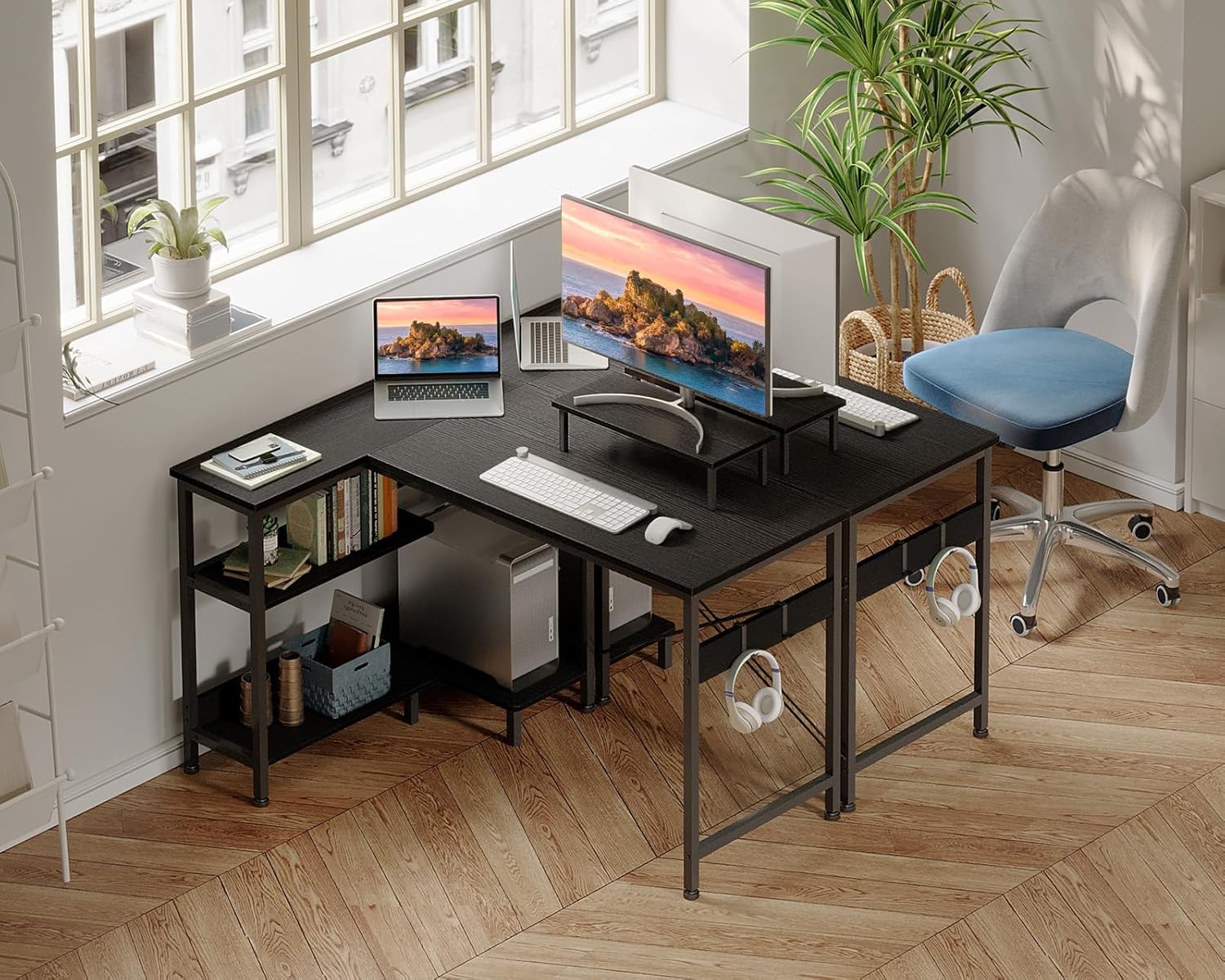 47 Inch Small L Shaped Computer Desk with Reversible Storage Shelves, L ...