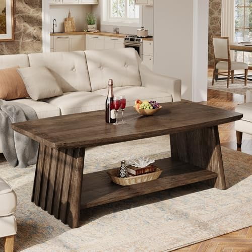 47-Inch Solid Wood Coffee Table, Farmhouse Coffee Table with Storage, 2 ...