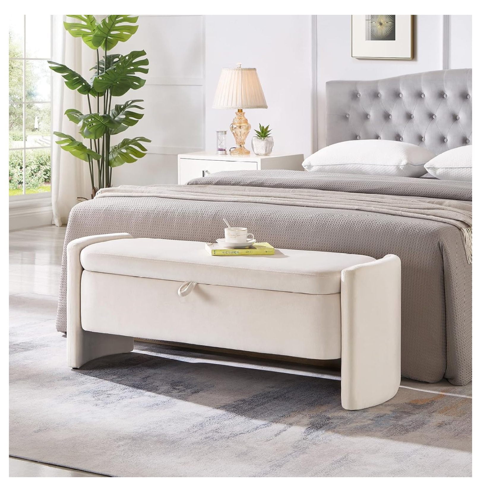 47-Inch Storage Ottoman Bench Queen Size, Large Oval Modern Upholstered ...
