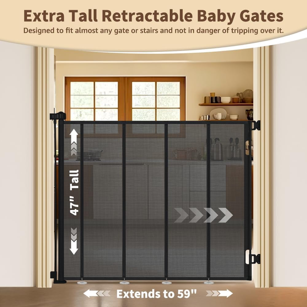 47 Inch Tall Retractable Gate with Reinforced Mesh for Stairs Doorways ...