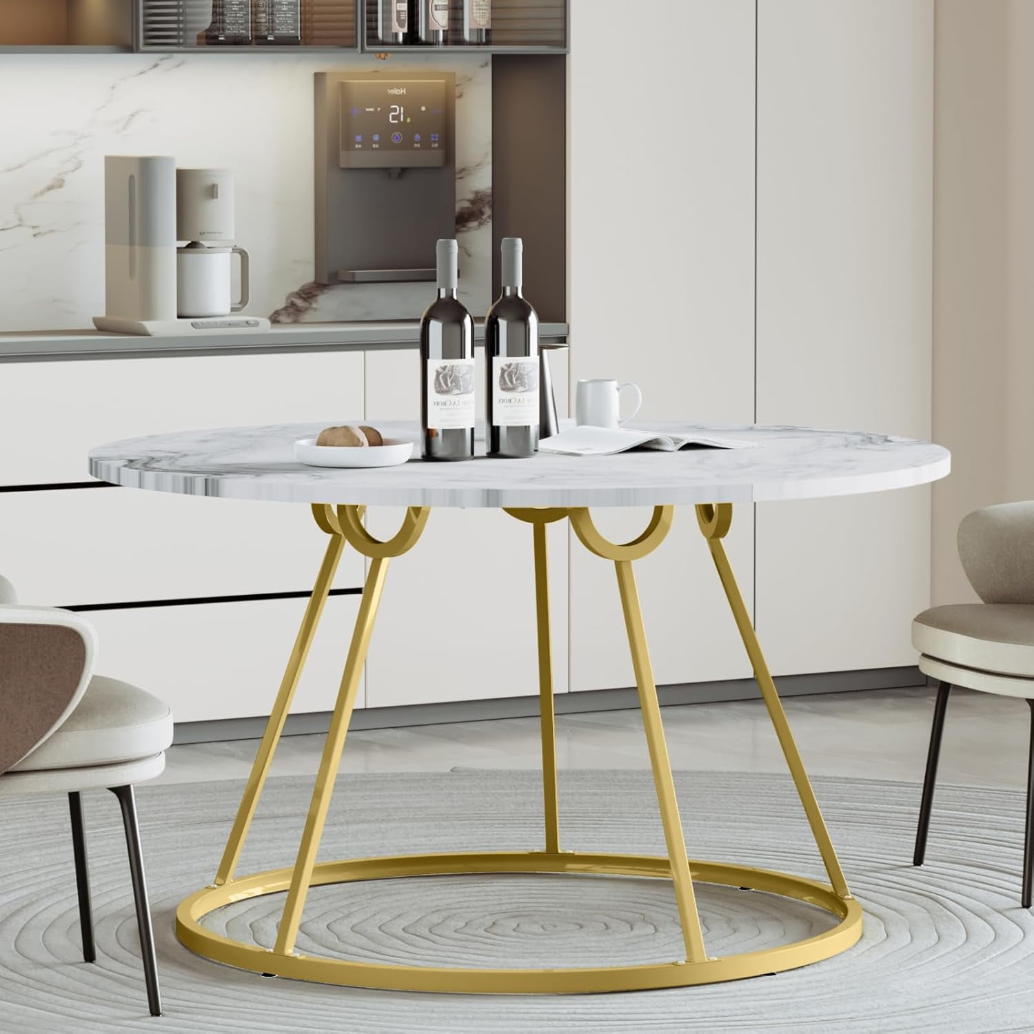 47 Inch White Faux Marble Round Dining Table for 4-6, Dining Room Table ...