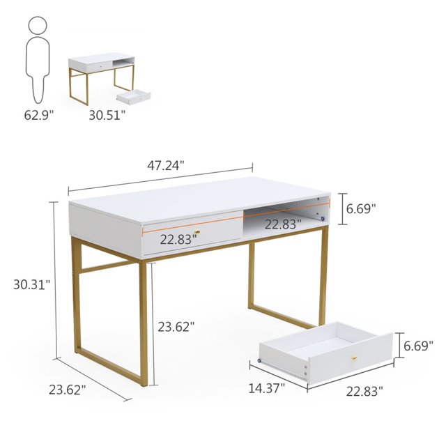 47 Inches Computer Desk with 2 Drawers, Writing Desk Gold/White ...