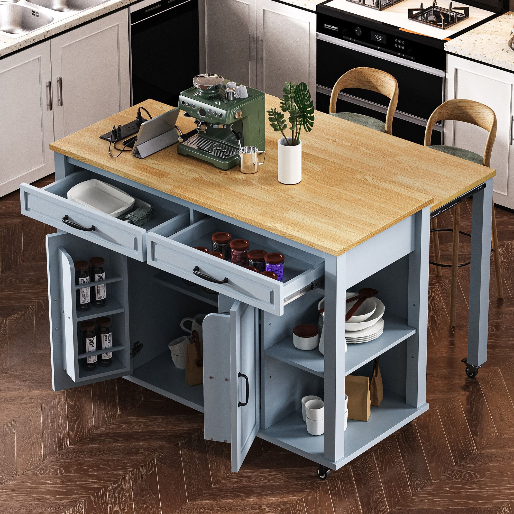 47" Kitchen Island with Extendable Table, Rubber Wood Veneer Kitchen ...