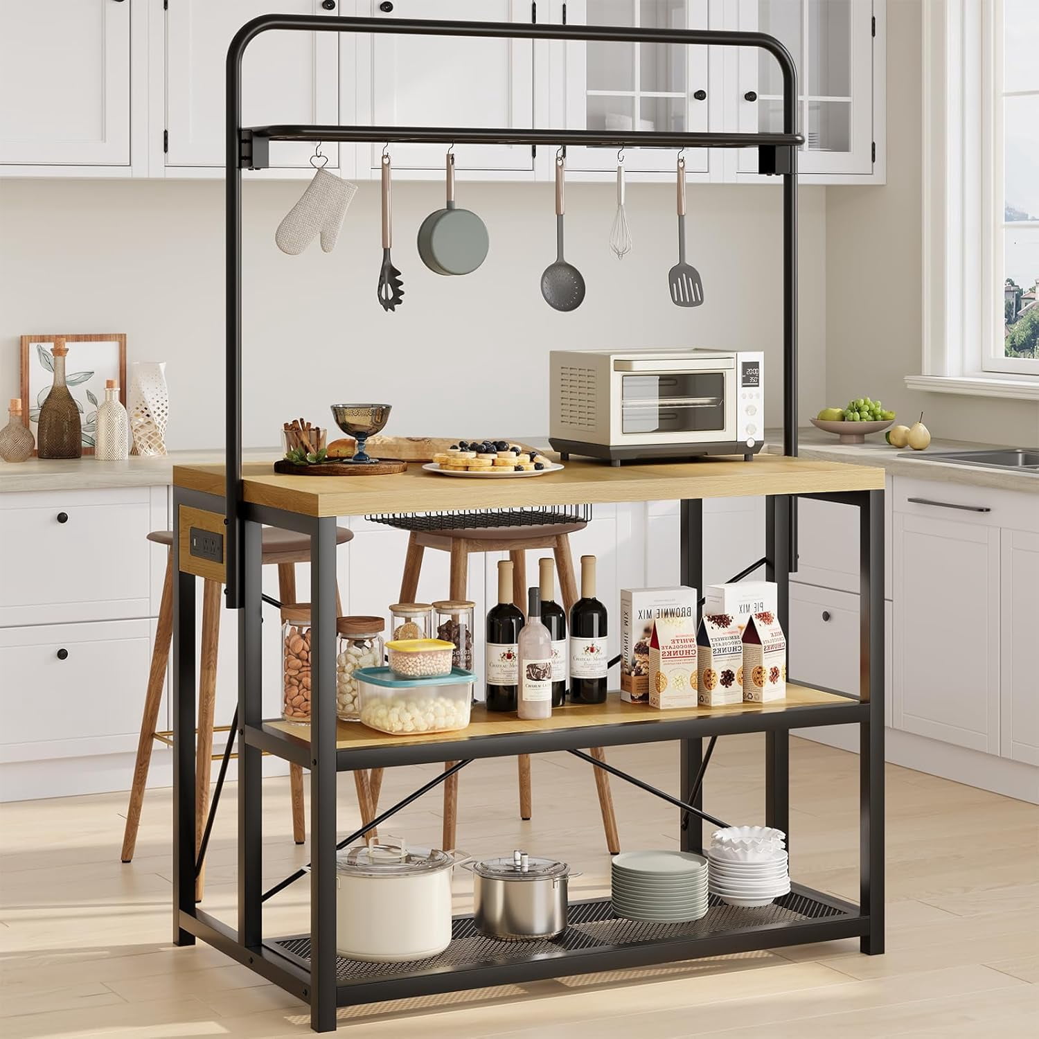 47” Kitchen Island with Storage, Large Bakers Rack with Power Outlet ...