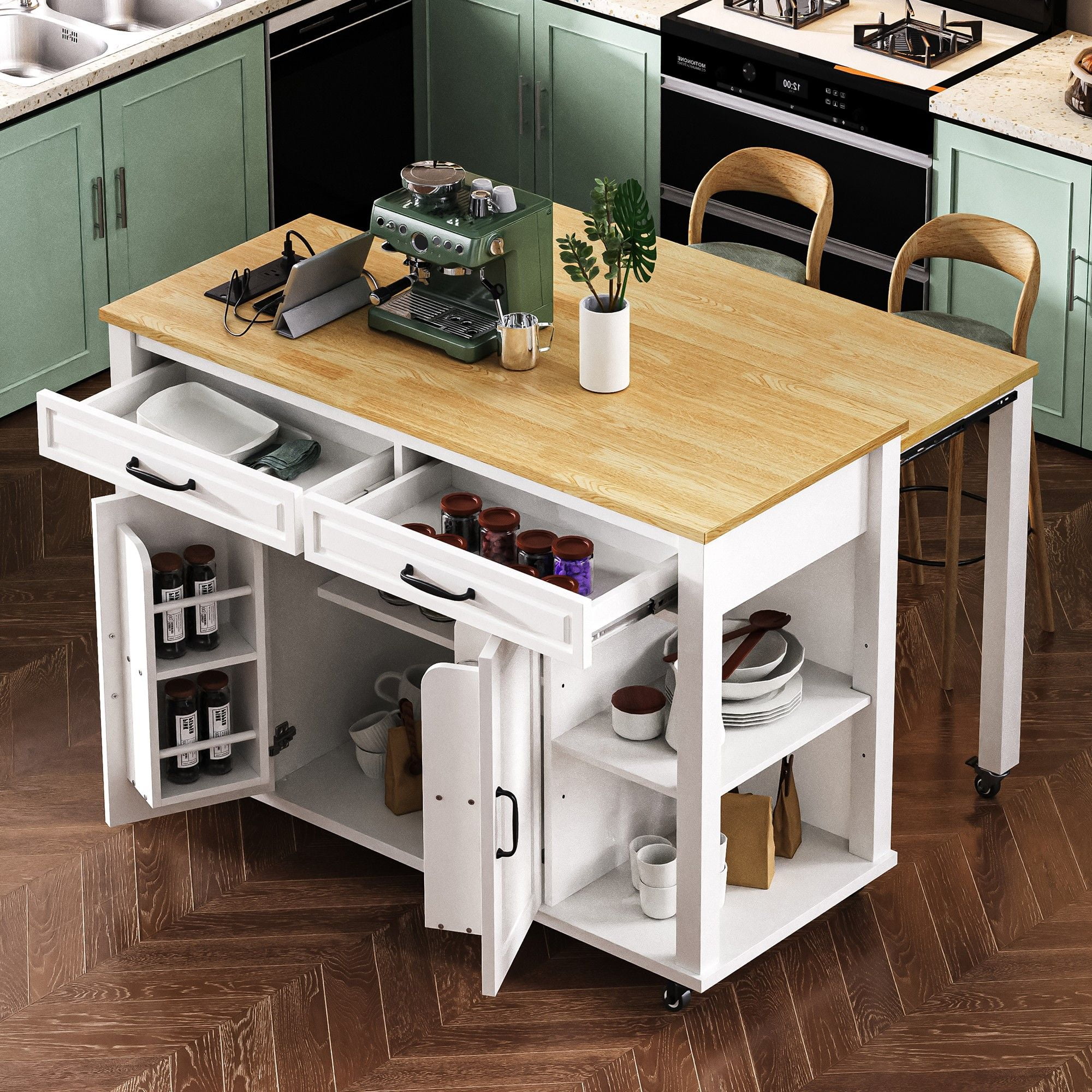 47" Kitchen Island with Extendable Table, Rubber Wood Veneer Kitchen ...