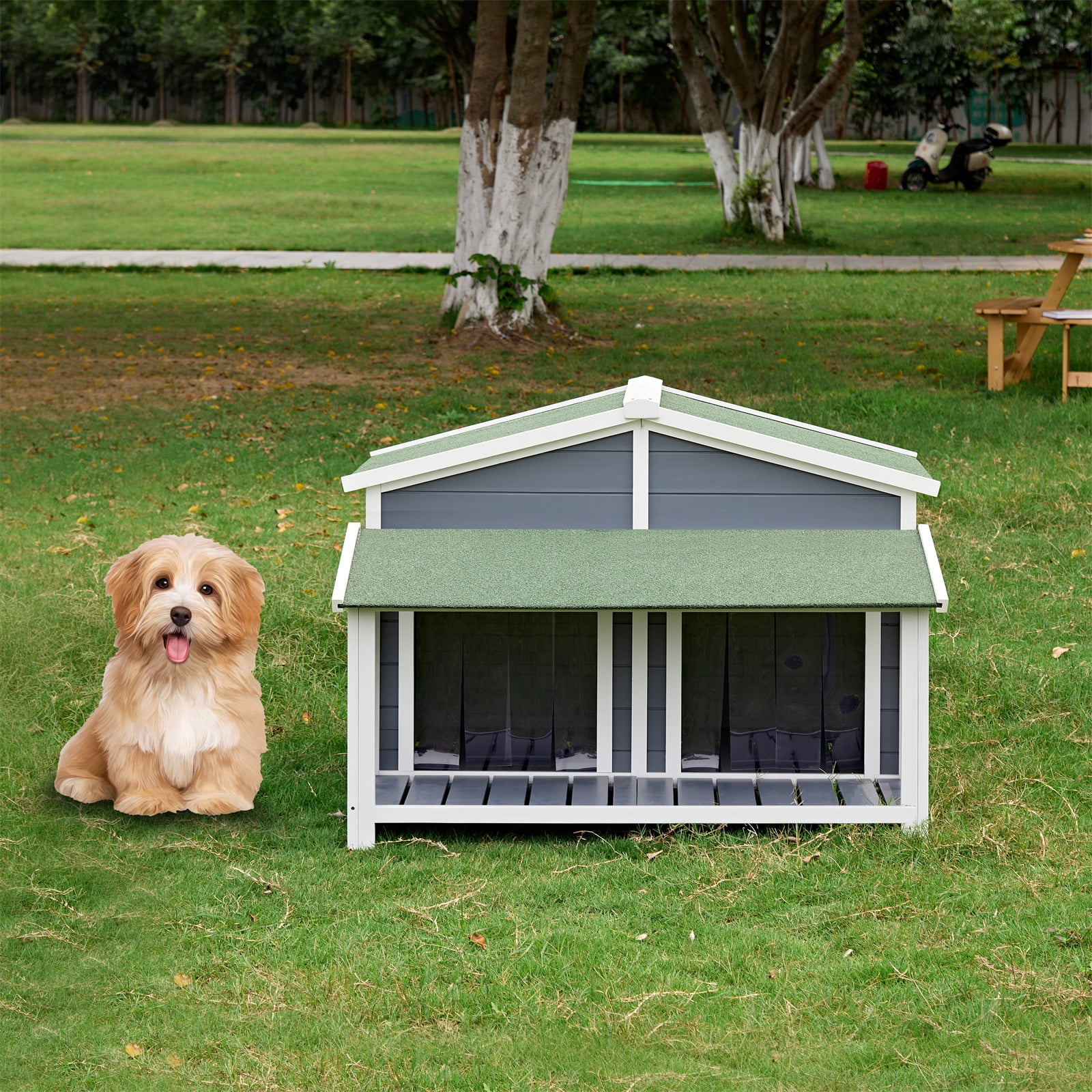 47"L Dog House, Waterproof Dog Cage Kennel with Porch, Wooden Outdoor ...
