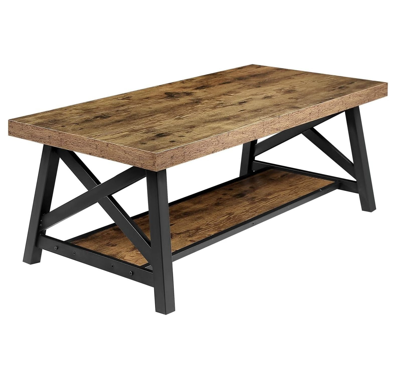 47'' Large Wood Coffee Table with Storage Shelf, Farmhouse Coffee Table ...