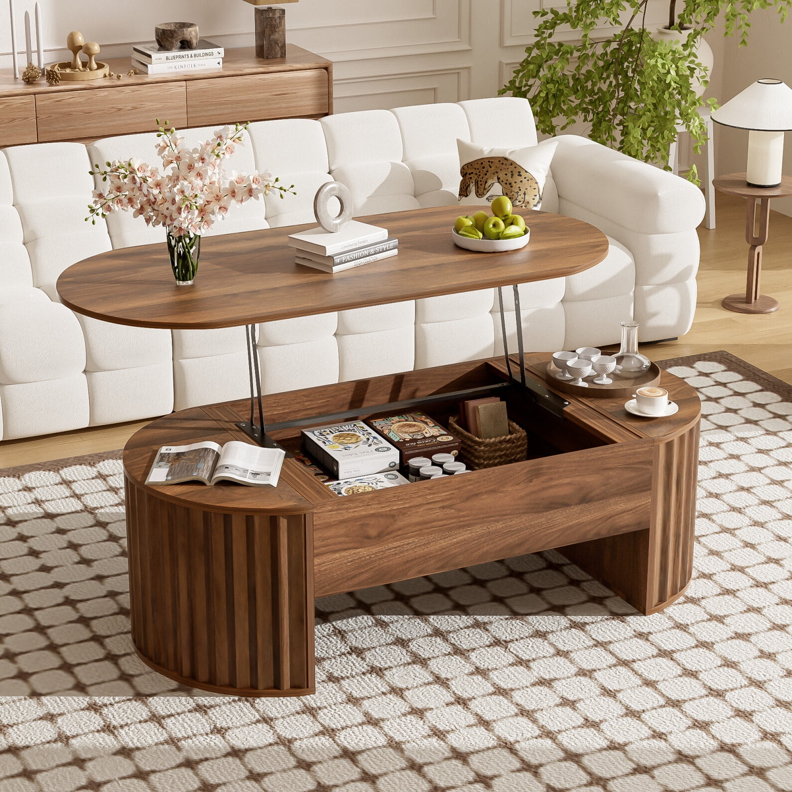 47" Lift Top Coffee Table with Hidden Storage, Modern Fluted Oval ...