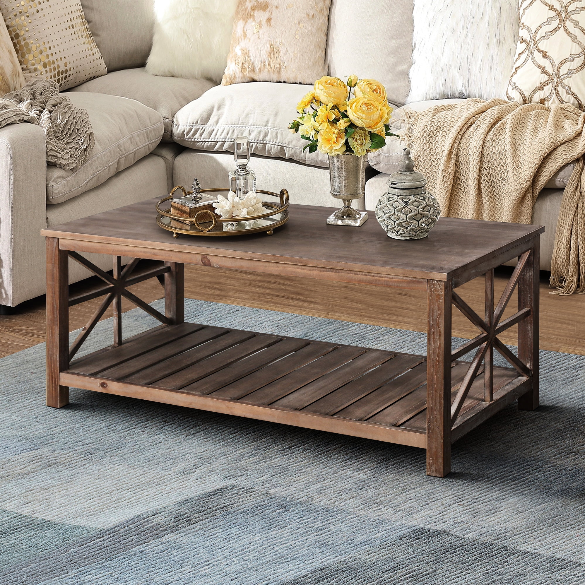 47" Living Room Coffee Table, Style Storage, Antique Brown, Handmade ...