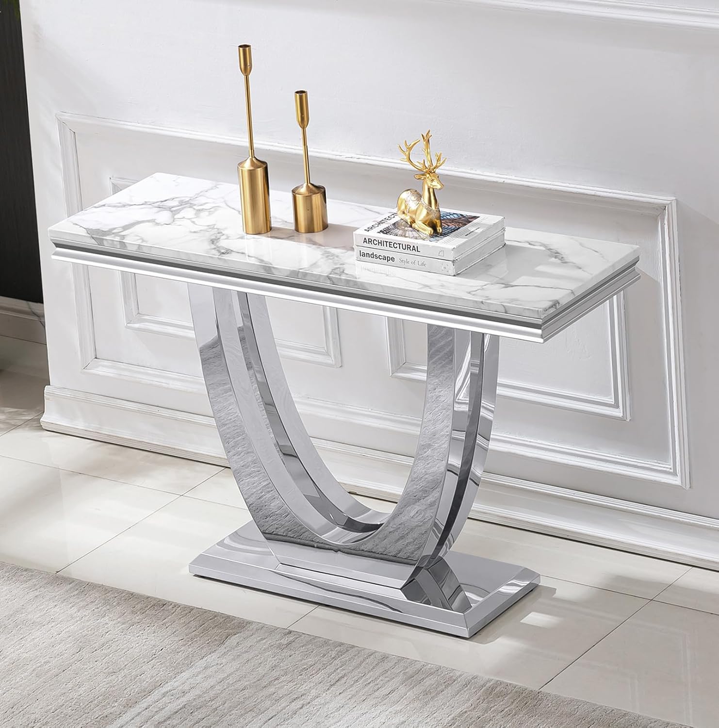 47" Marble Console Table Modern White Faux Marble Entryway Table with U ...