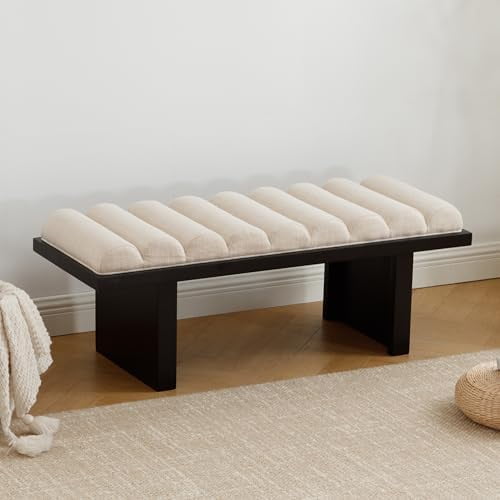 47" Modern Bed Bench, Dining Bench with Black Legs, Upholstered Linen ...