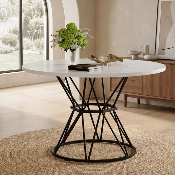 47" Modern Circular Dining Table with 4 White Marble Patterned MDF ...