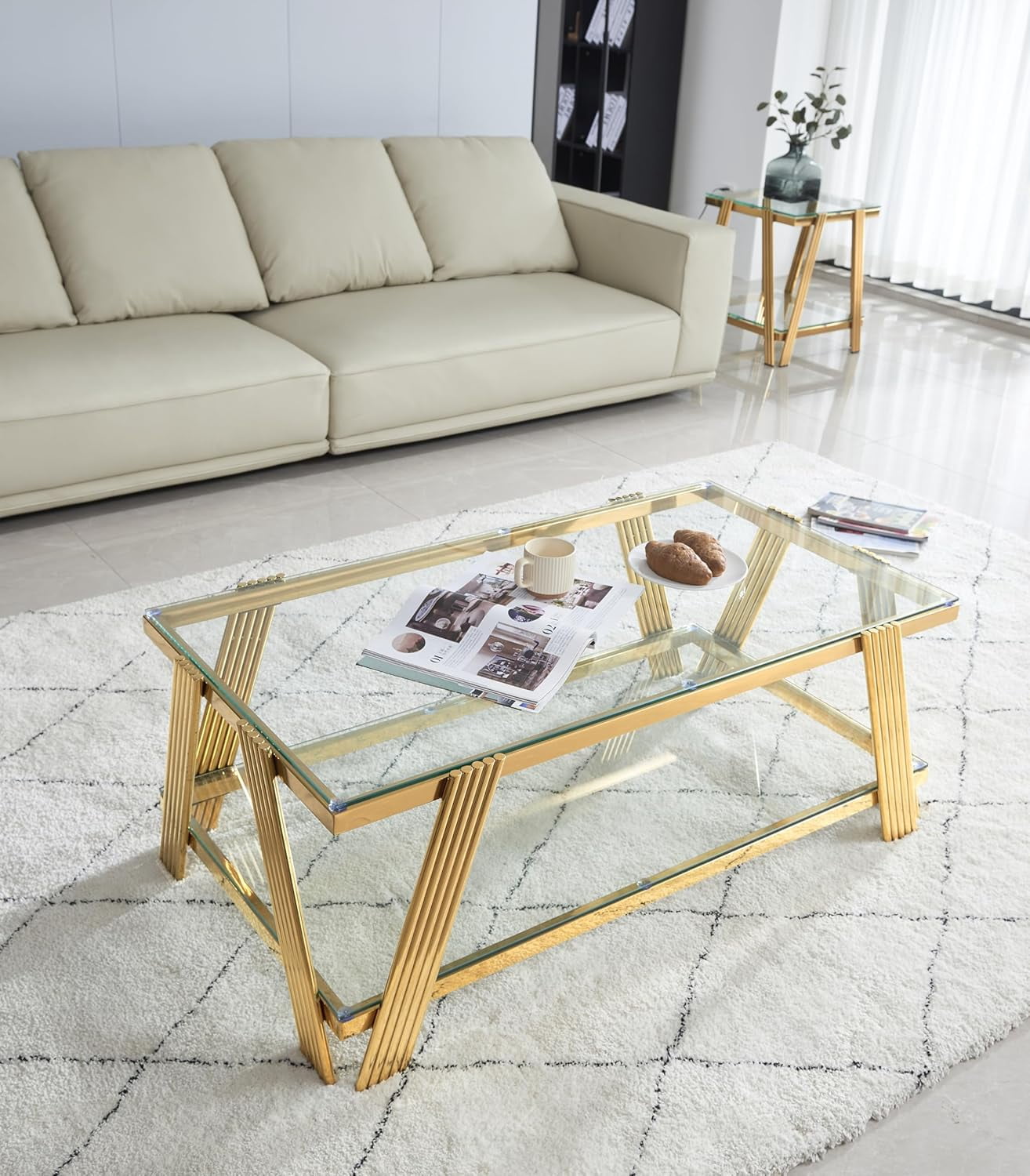47" Modern Coffee Table, Double-Layer Clear Tempered Glass Table Top ...