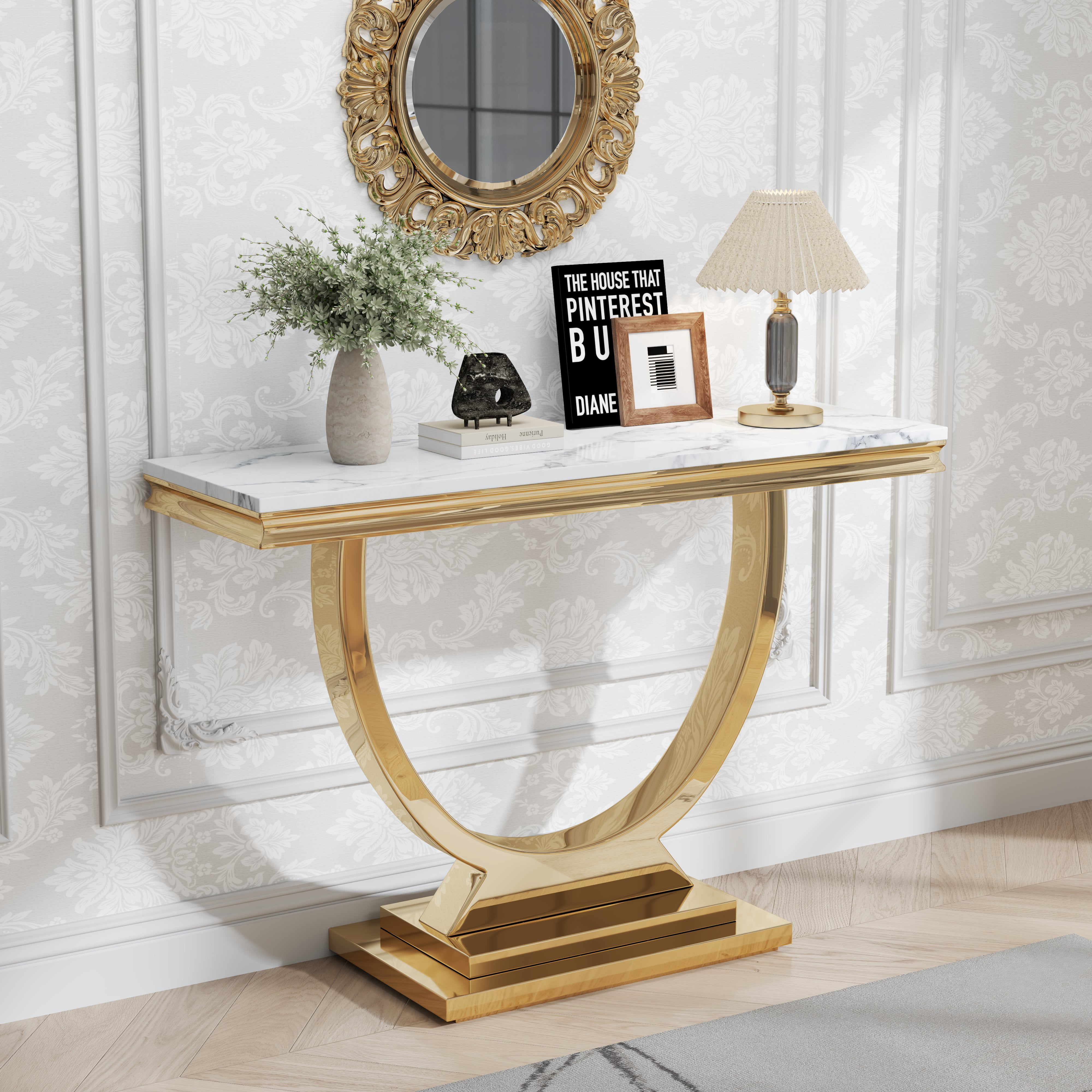 47" Modern Faux Marble Console Table, Rectangular Top & U-Shaped ...
