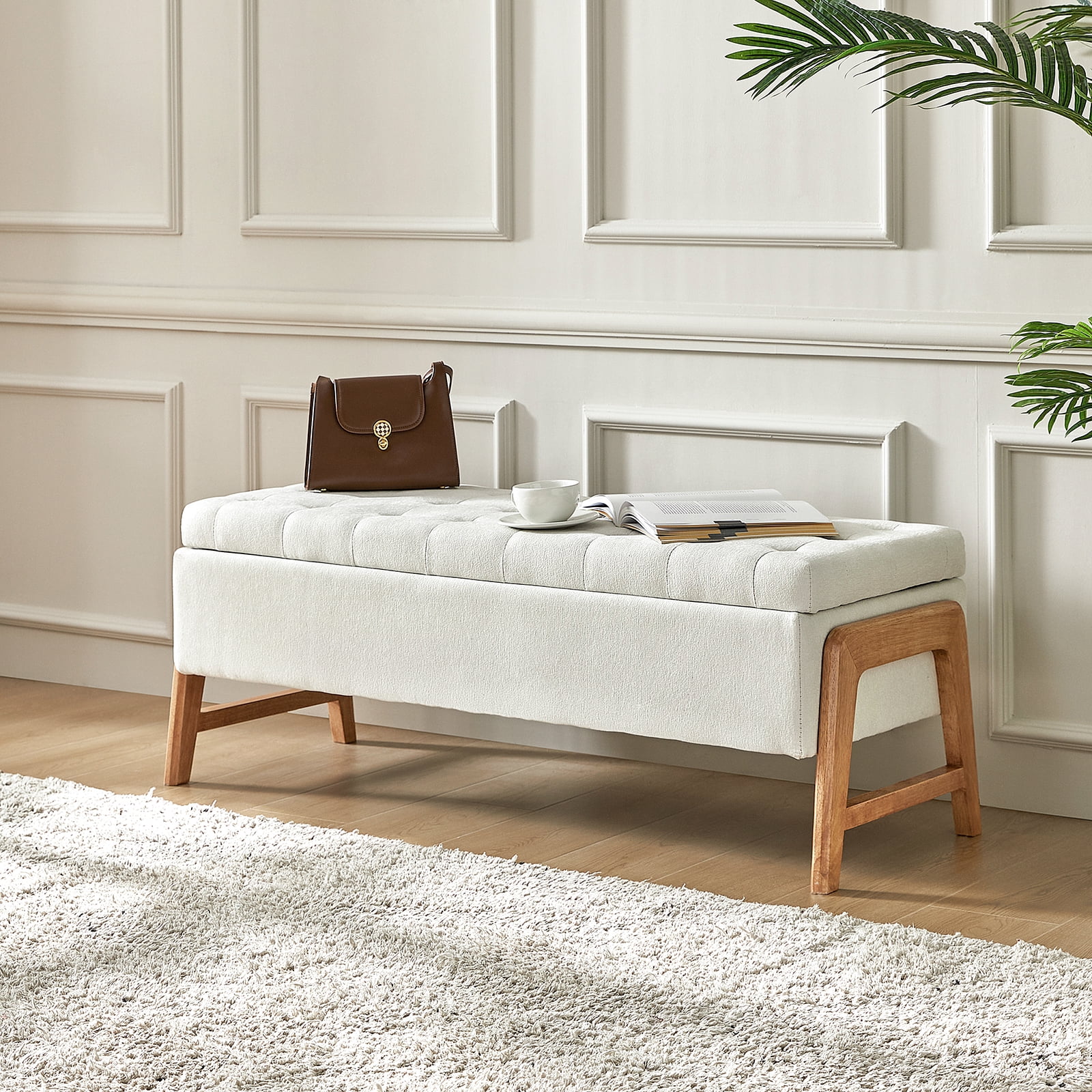 47" Modern Ivory Storage Bench Flip Top Upholstered Wooden Foot Stool ...