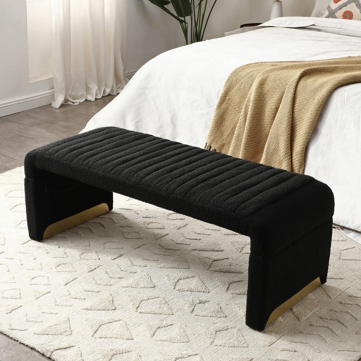 47'' Modern Ottoman Bench, Upholstered Sherpa Fabric End of Bed Bench ...