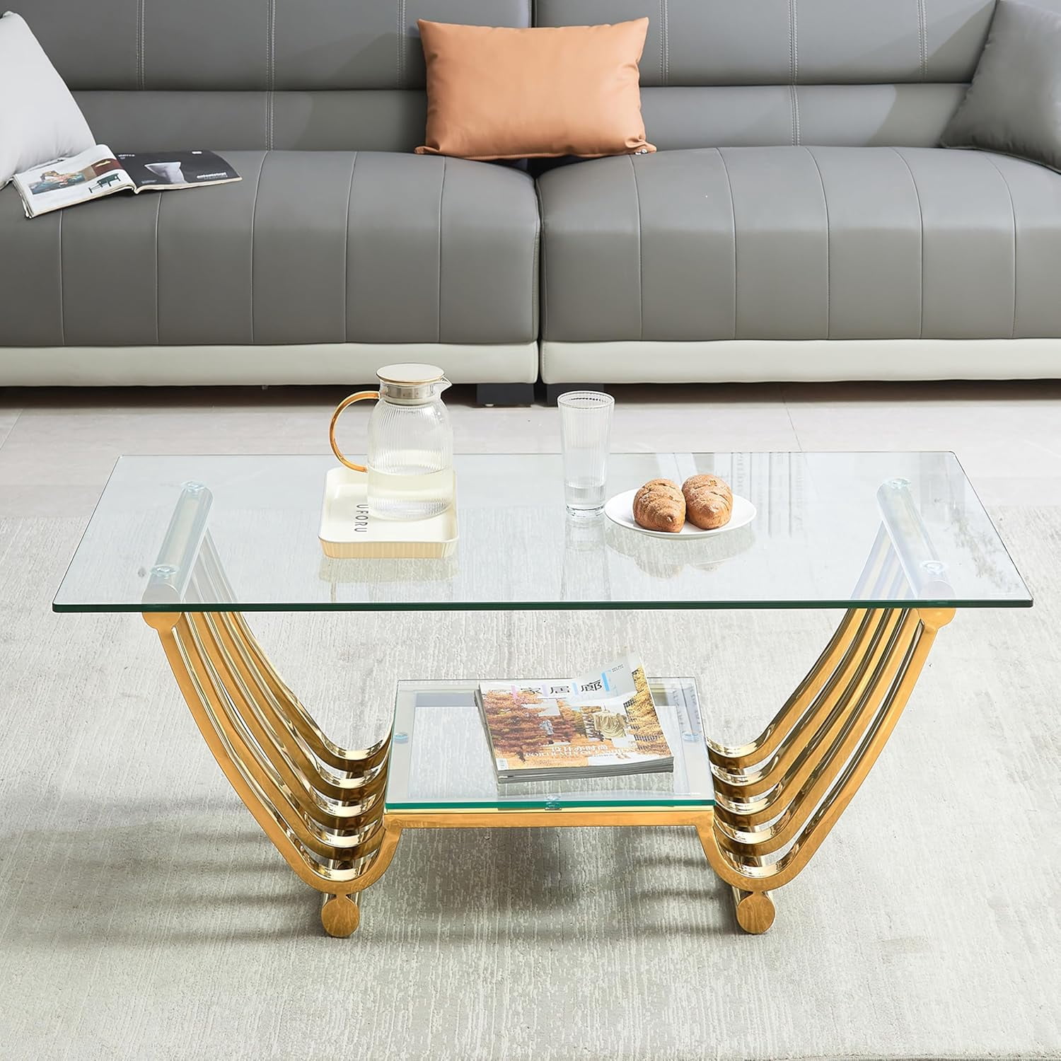 47" Modern Rectangle Coffee Table, Double-Layer Clear Tempered Glass ...