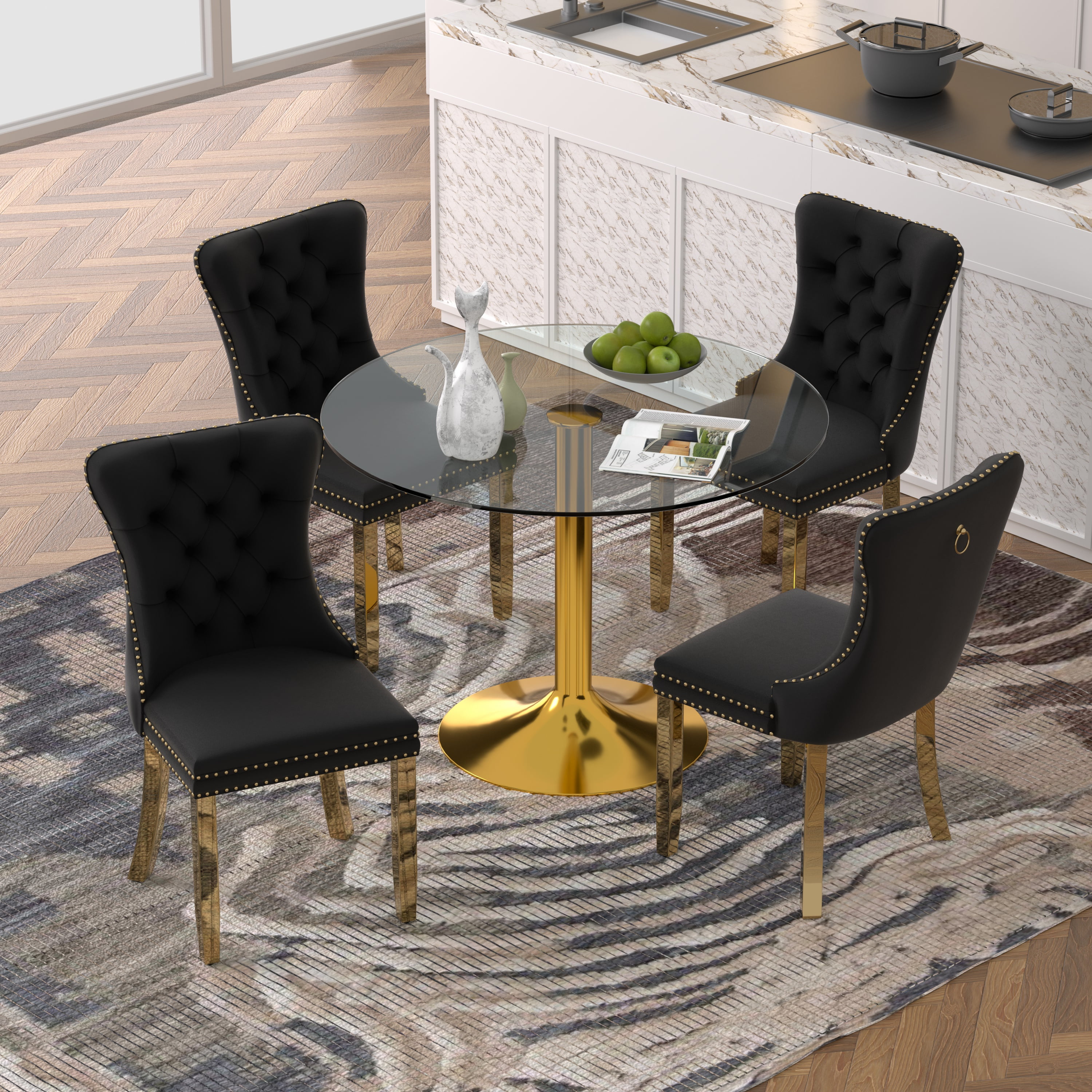 47" Modern Round Bar Style Dining Table Set with 4 Velvet Upholstered ...