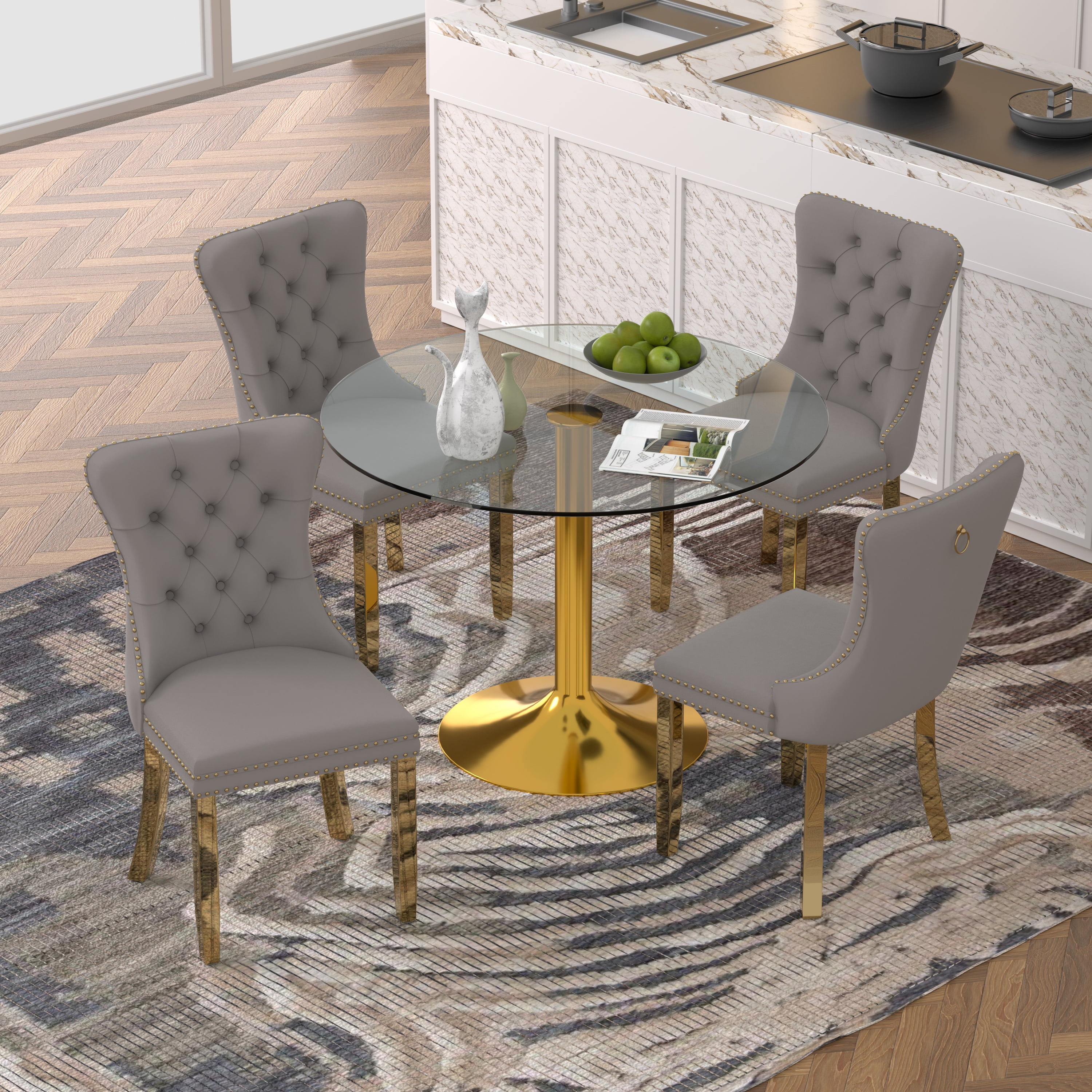 47" Modern Round Bar Style Dining Table Set with 4 Velvet Upholstered ...